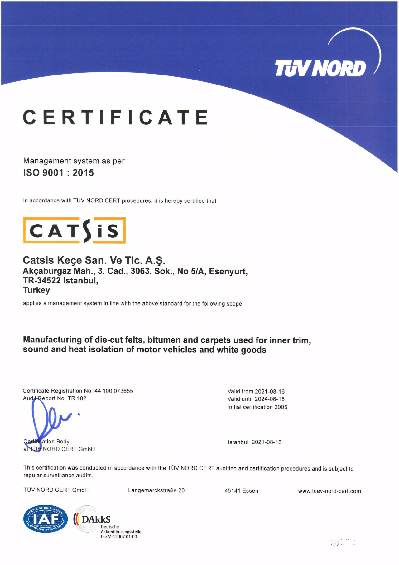 Certificate ISO 9001:2015 - Catsis Felt Industry and Trade Inc.